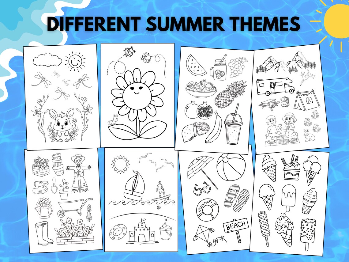 Summer Themed Coloring Pages Set, Digital Download, 16 PDF Printable ...