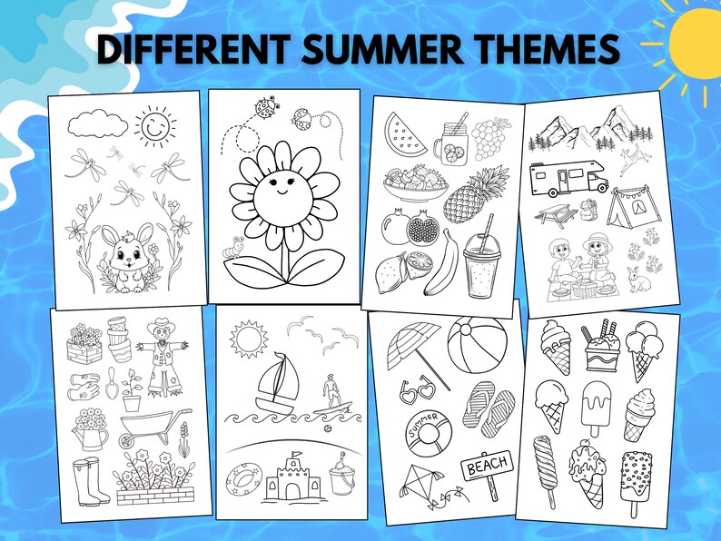 Summer Themed Coloring Pages Set, Digital Download, 16 PDF Printable ...