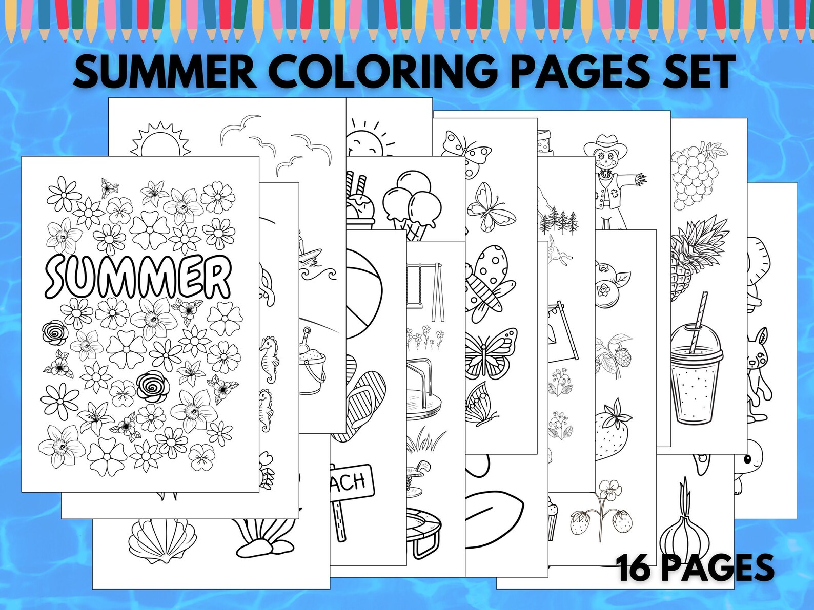 Summer Themed Coloring Pages Set, Digital Download, 16 PDF Printable ...