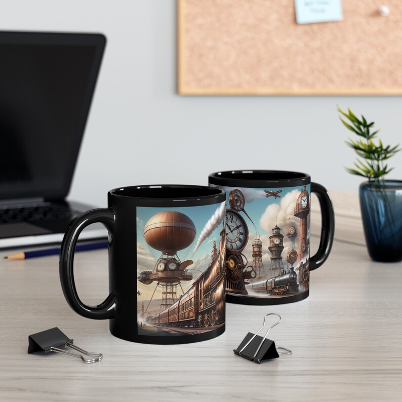 Tartaria Train Station Blimp Airship Over City Skyline 11oz Black Mug ...