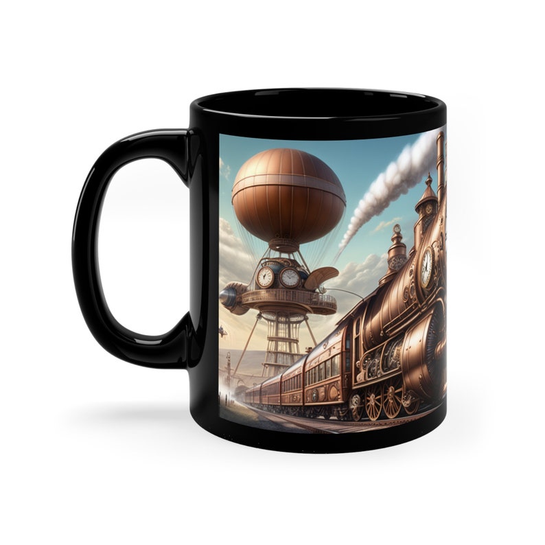Tartaria Train Station Blimp Airship Over City Skyline 11oz Black Mug ...