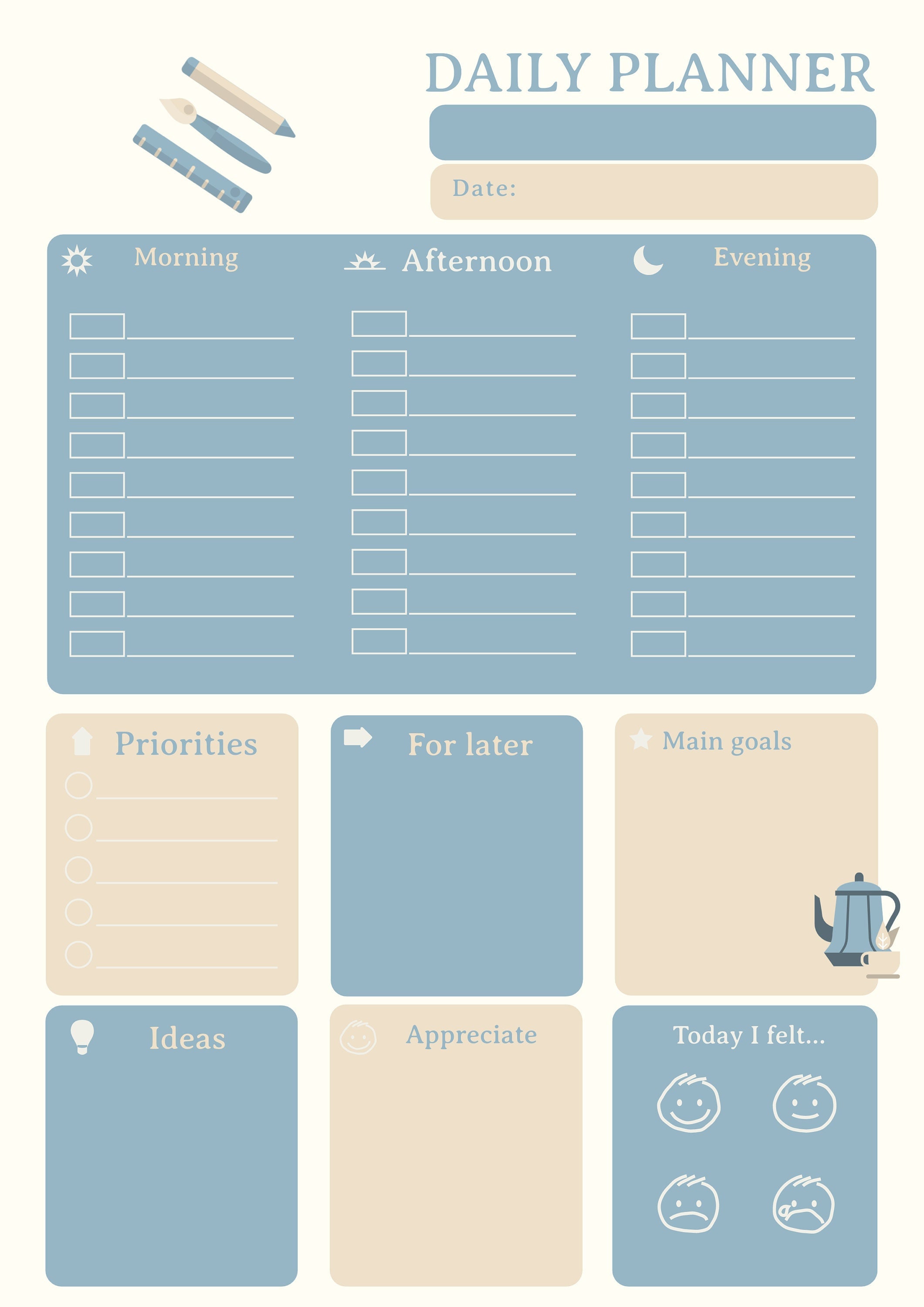 Daily Planner With Cute Design in Creamy Blue and Beige Design - Etsy