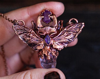 Stag Beetle With Rough Amethyst Pendant- Copper Insect Necklace ...