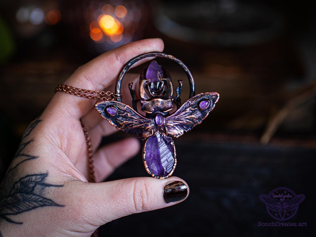 Stag Beetle With Rough Amethyst Pendant- Copper Insect Necklace ...