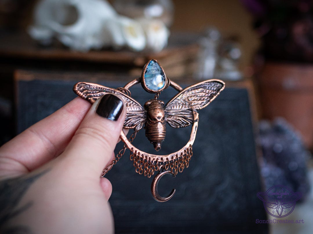 Electroformed Copper Cicada Pendant – Rainbow Moonstone, Pagan Jewelry ...