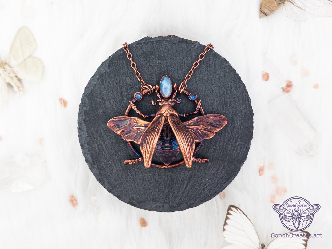 Stag Beetle Pendant Copper Insect Necklace With Moonstones ...
