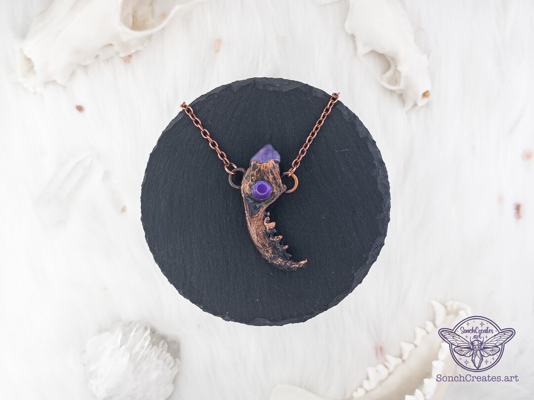 Real Mink Jaw With Amethyst Point and Hand Painted Glass Necklace ...
