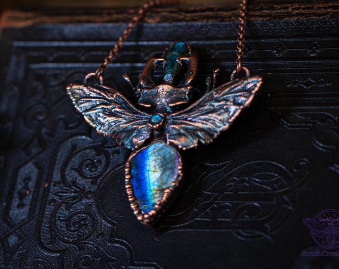 Stag Beetle and Labradorite Pendant- Copper Insect Necklace - Blue ...
