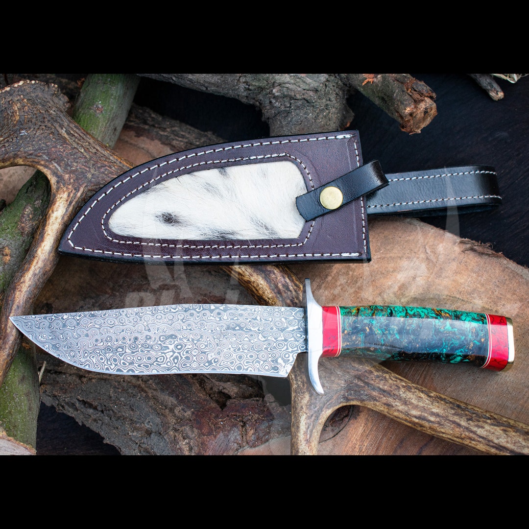 Handmade Damascus Bowie With Rain Drop Pattern&red Stone/mix Colours ...