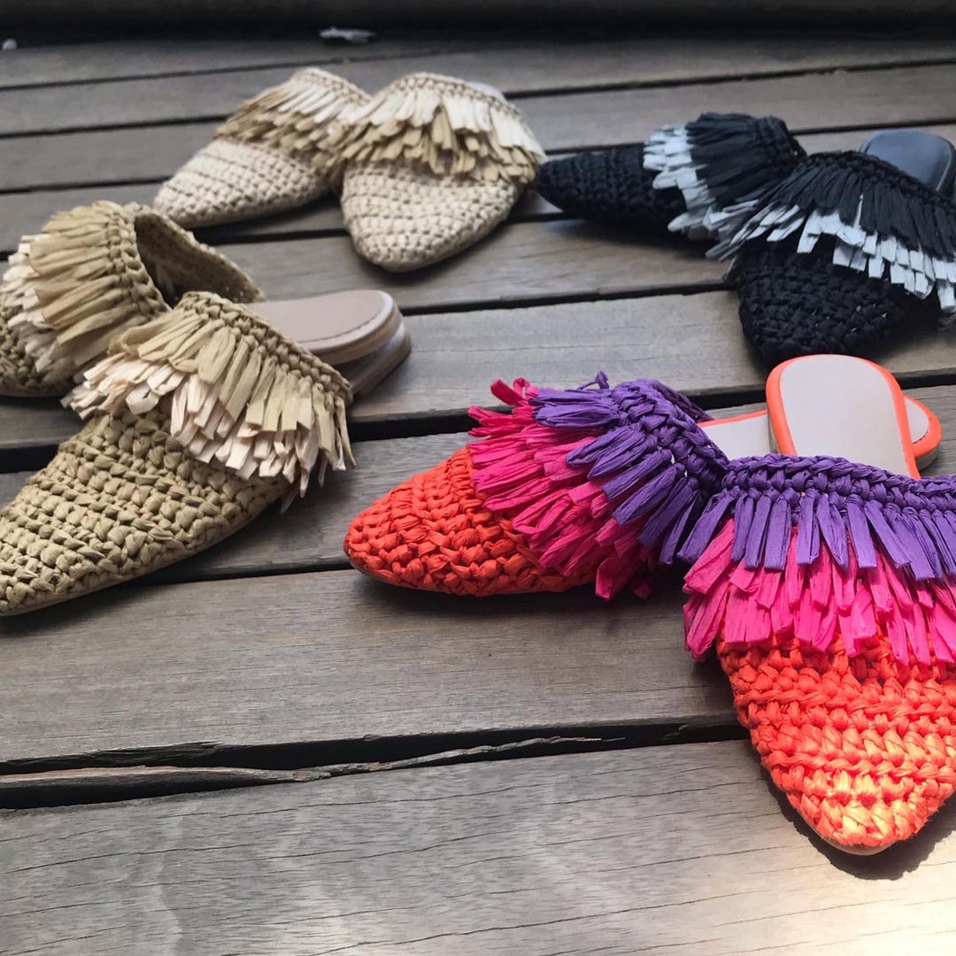 Raffia Shoes-fringed Crochet Slippers for Women - Handmade Summer Shoes ...