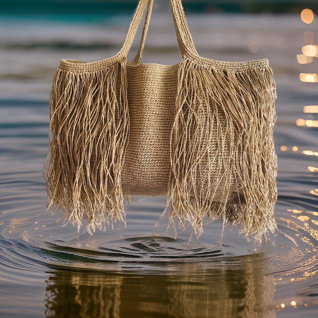 Boho Fringed Straw Bag - Large Shoulder Woven Beach Tote - Handmade ...