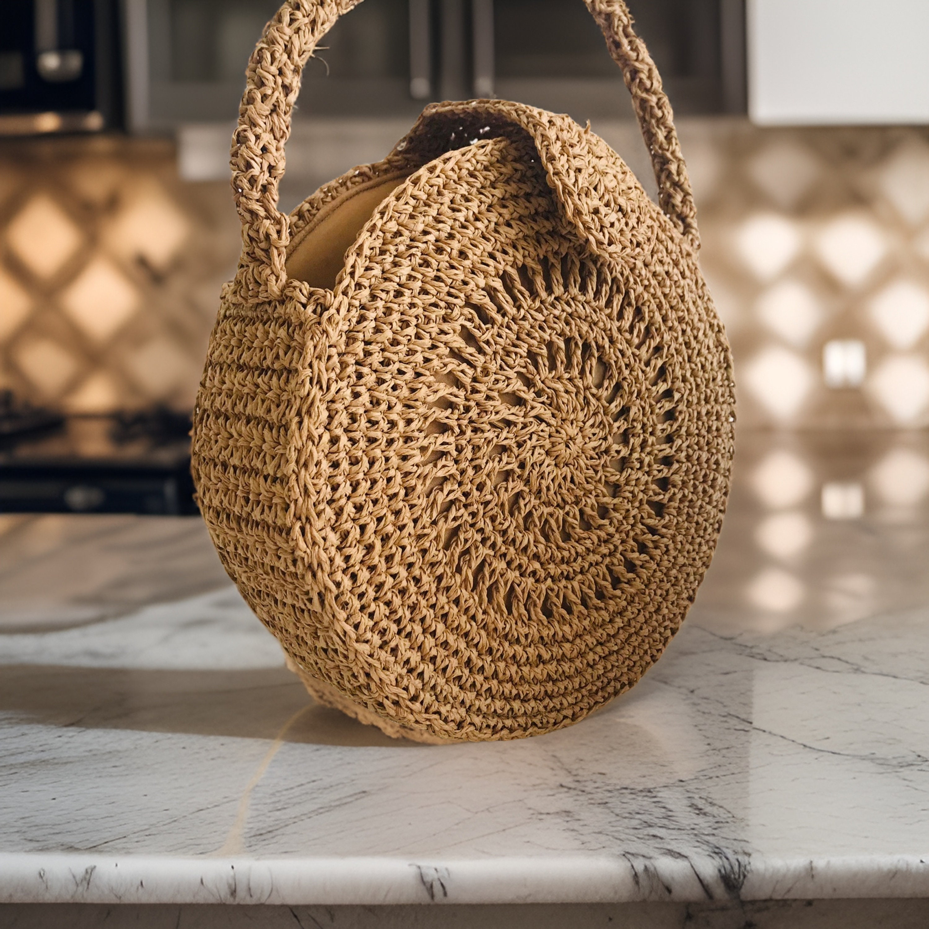 Stylish Round Raffia Bag,handcrafted Straw Handbag,perfect Beach Bag or ...