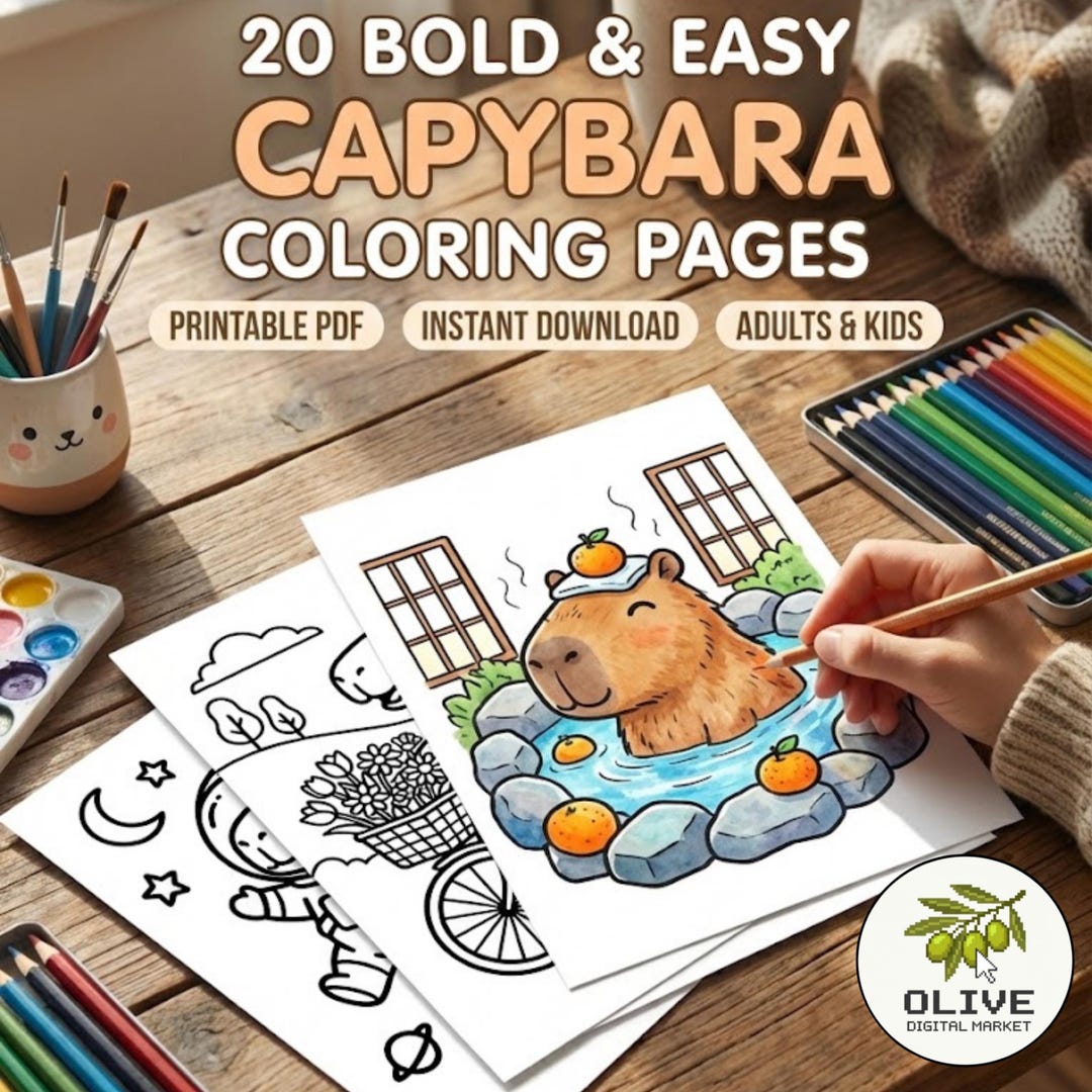 Capybara Coloring Book | 20 Bold & Easy Pages (PDF Pattern) - Etsy