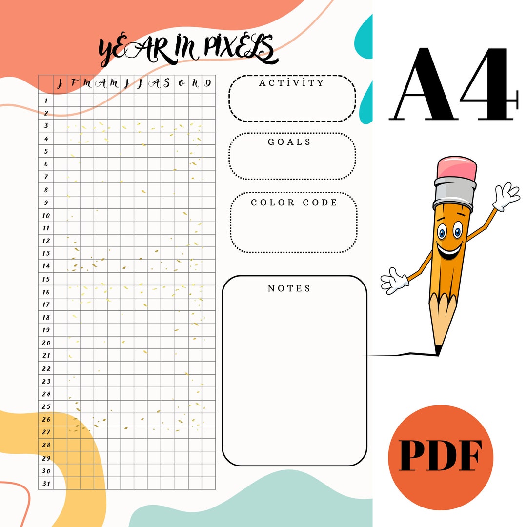 Year in Pixels Printable Tracker A4 Journal Page Daily Tracker Yearly ...