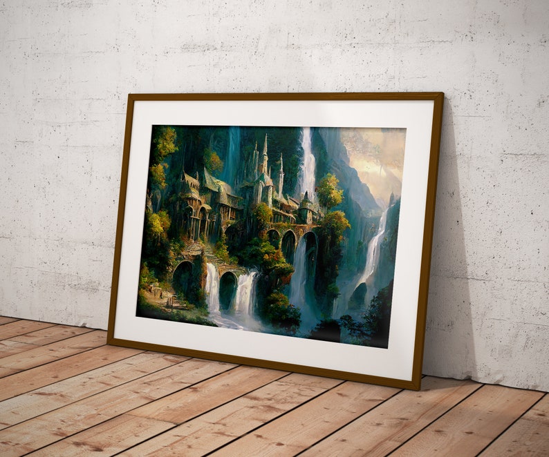 Elven Oil Painting Poster: Watercolour Print River Elven Castle ...