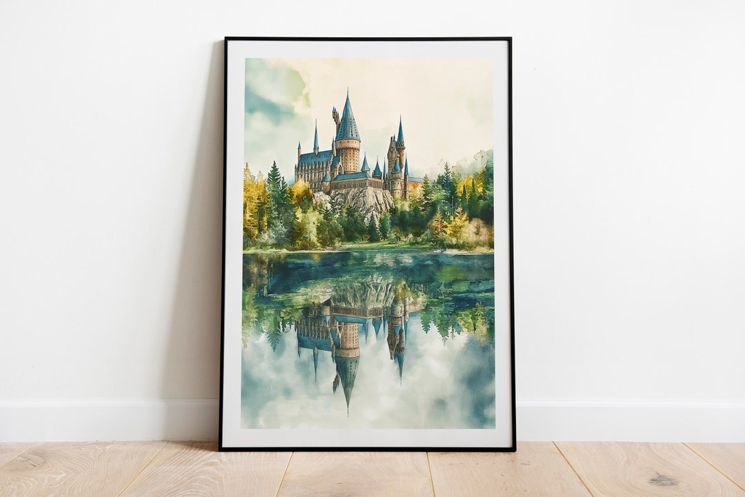 Magical Castle Summer Watercolour, Charming Wizard Art, Great Lake at ...
