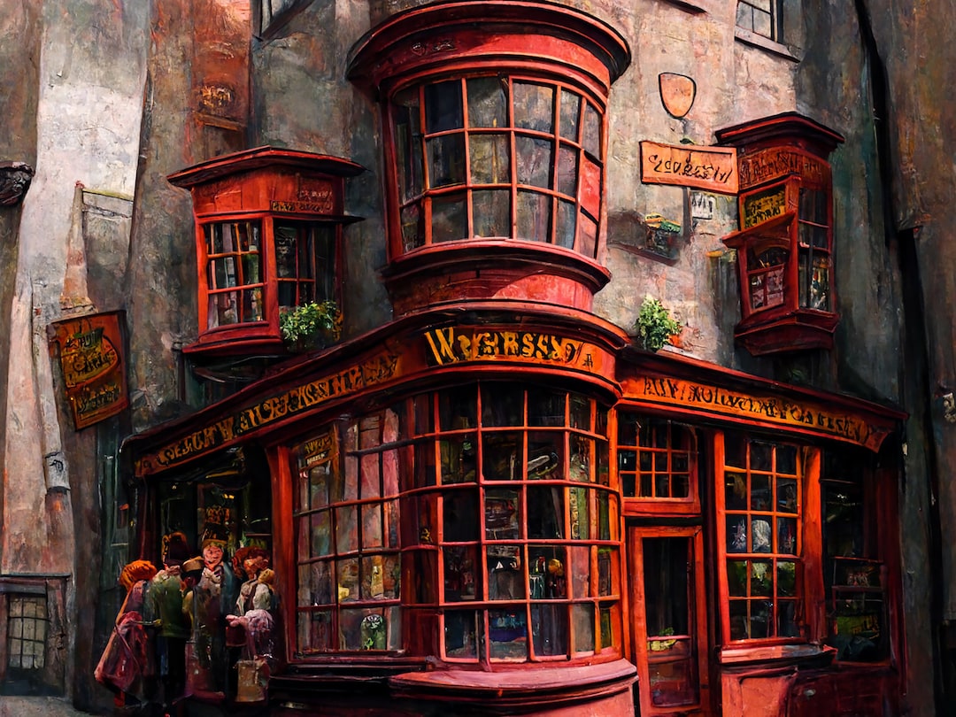 Joke Shop Print - Magical Alley Art - Red Medieval Art Nouveau Building ...