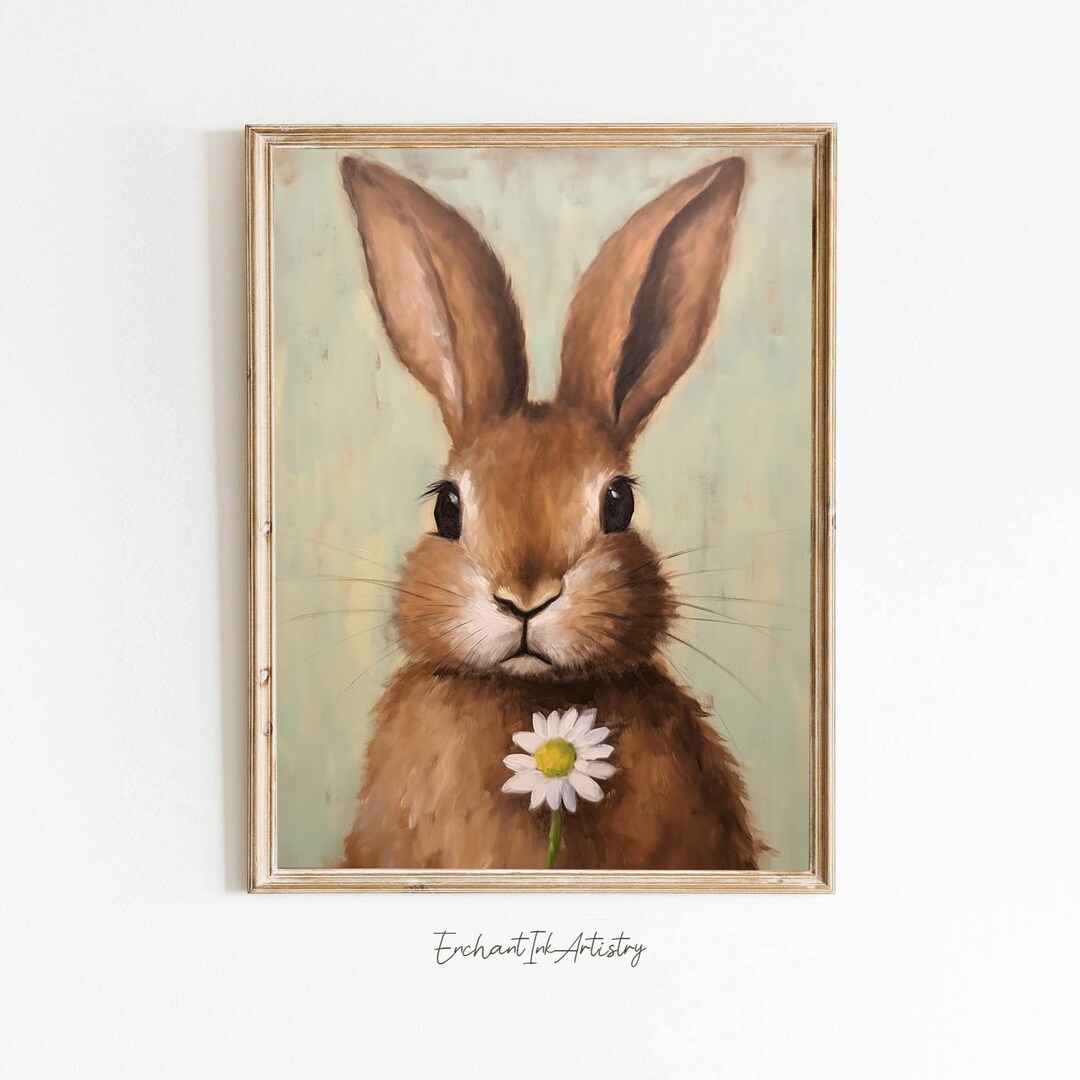 Spring Vintage Easter Wall Art, Easter Bunny Oil Painting, Printable ...