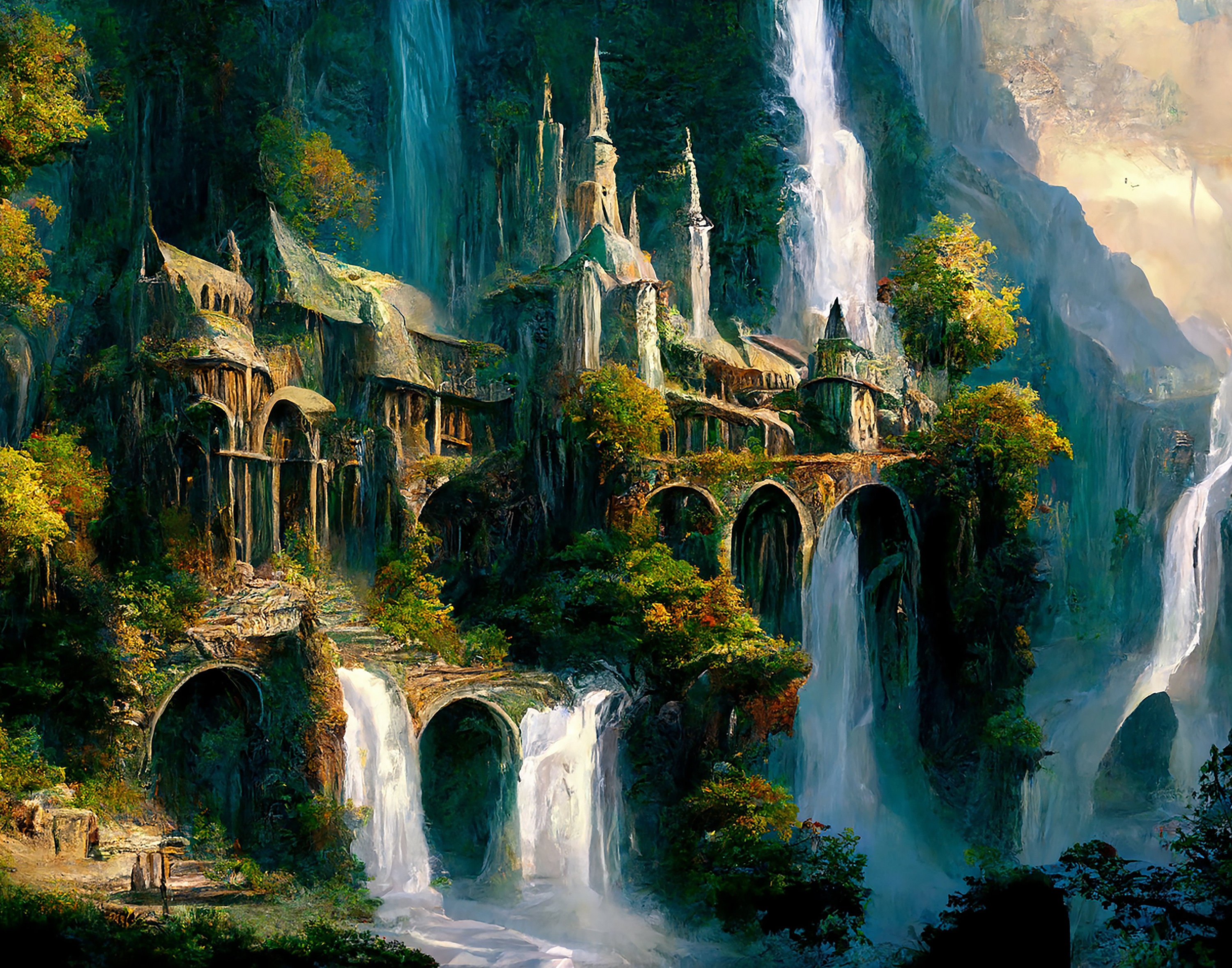 Elven Oil Painting Poster: Watercolour Print River Elven Castle ...