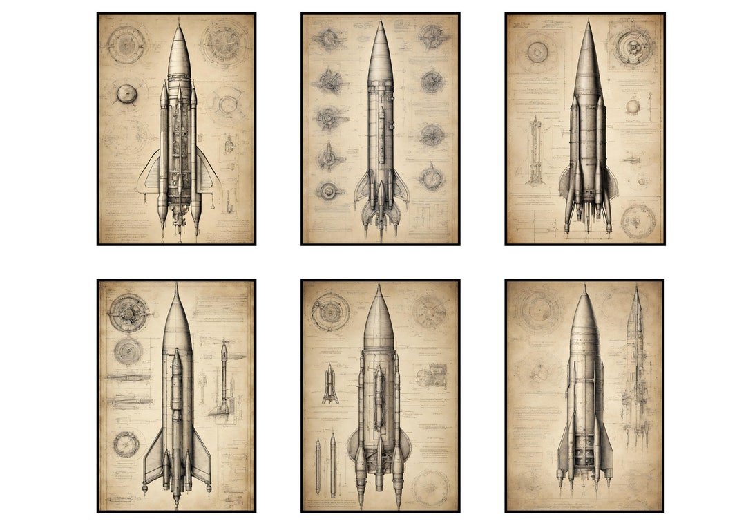 Set of 6 Rocket Blueprints, Rocket Designs, Rocket Sketches on ...