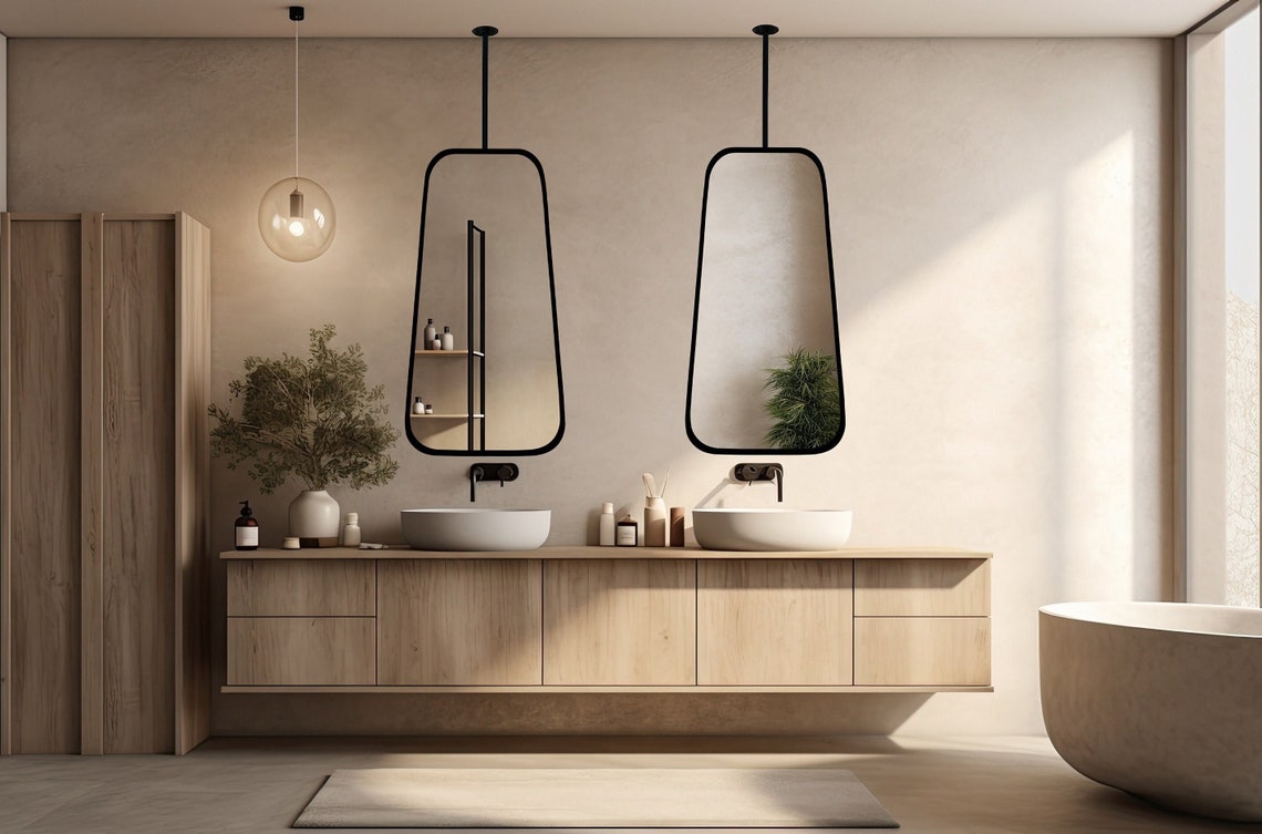 Ceiling Mounted Single Rod Interior Design Mirror, Metal Frame Hanging ...