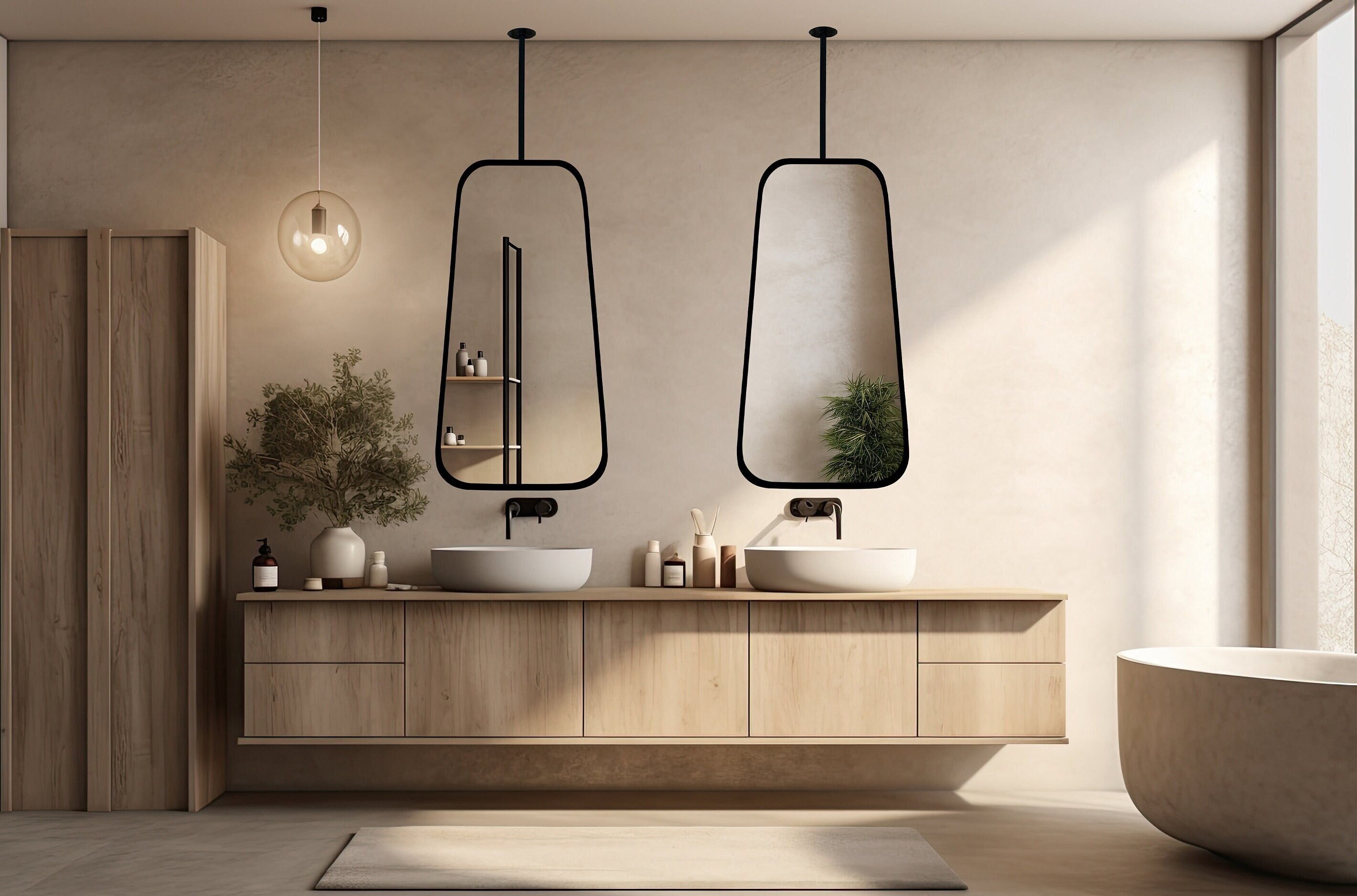 Ceiling Mounted Single Rod Interior Design Mirror, Metal Frame Hanging ...