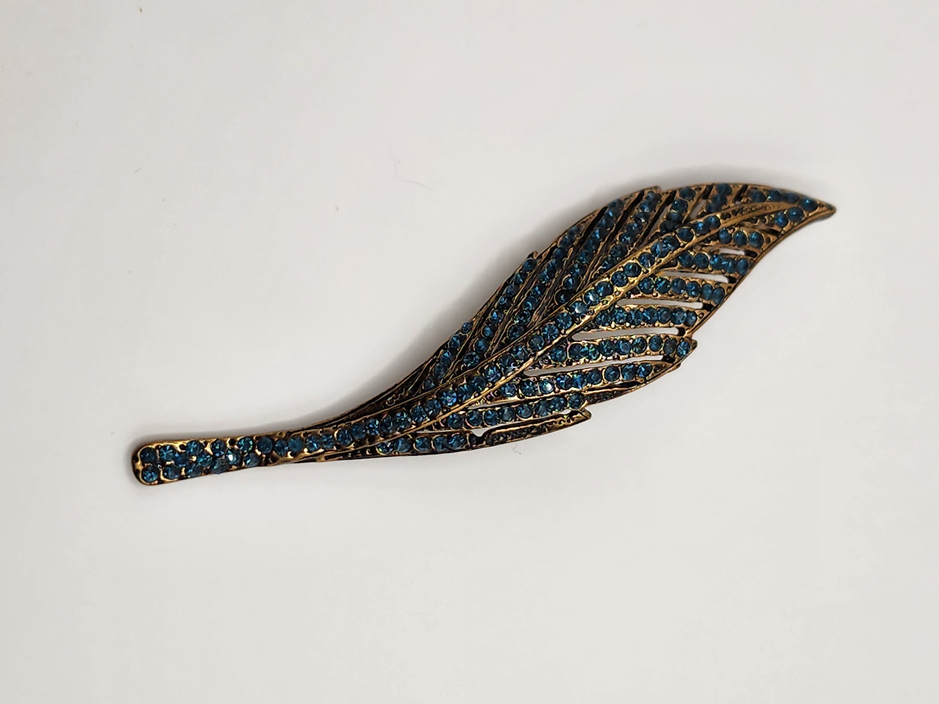 2000s Era Blue Crystal Brassy Gold Tone Leaf Abstract Metal Pin Brooch ...
