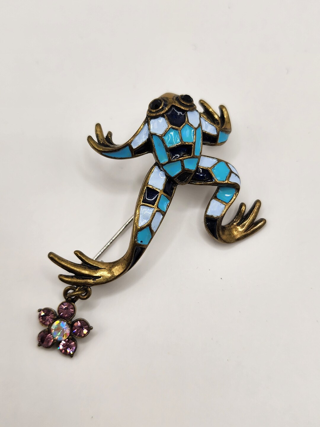 2000s Era Blue Turquoise Enamel Crystal Brass Tone Metal Frog Toad Pin ...