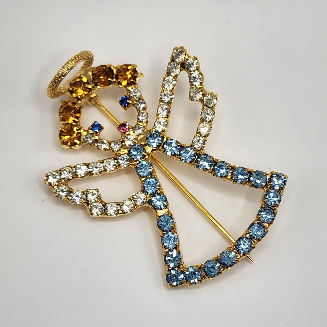 90s Era Angel With Halo Blue Crystal Gold Tone Metal Pin Brooch - Etsy