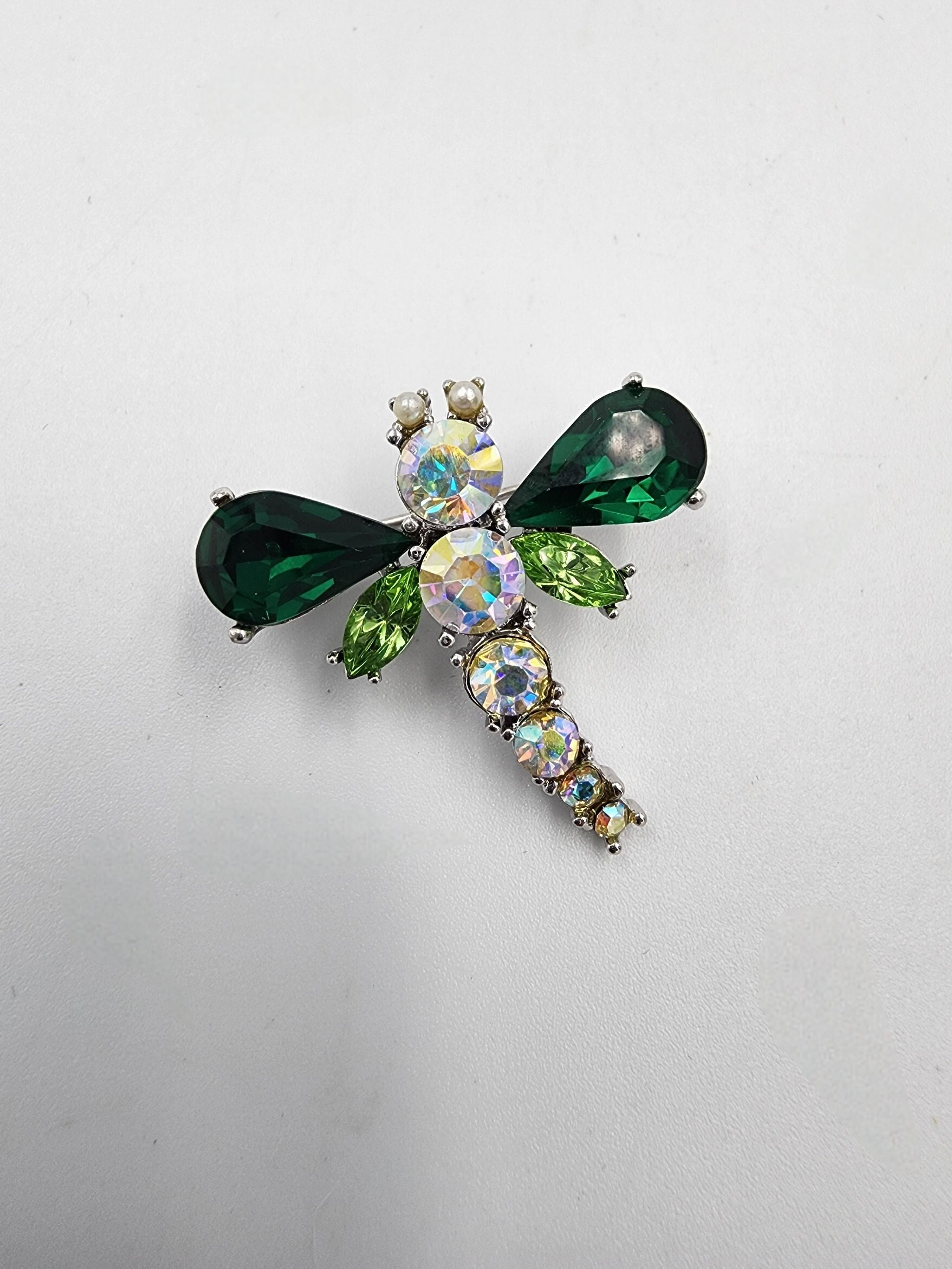 Green and Clear Austrian Crystal Silver Tone Metal Dragonfly Brooch Pin ...
