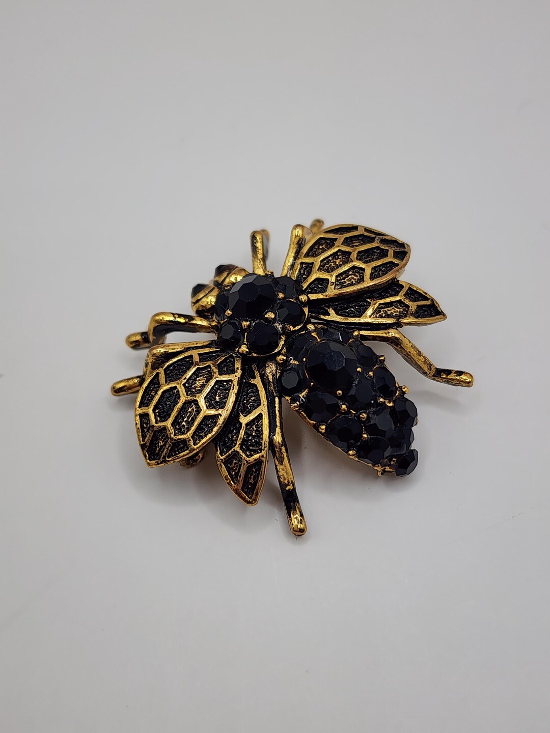 2000s Era Black Onyx Gothic Crystal Brass Tone Metal Wasp Bee Pin ...