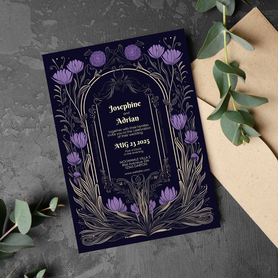 Floral Gothic Invitation in Purple, Editable Template, Dark Elegance ...