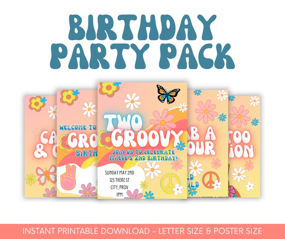 Two Groovy Birthday Party Invitation Pack, Baby's Birthday, Two Groovy ...