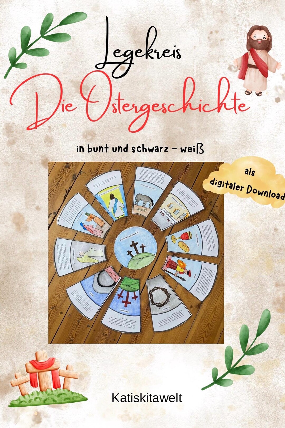 Hand-painted Laying Circle "the Easter Story" in Color and B/w With ...