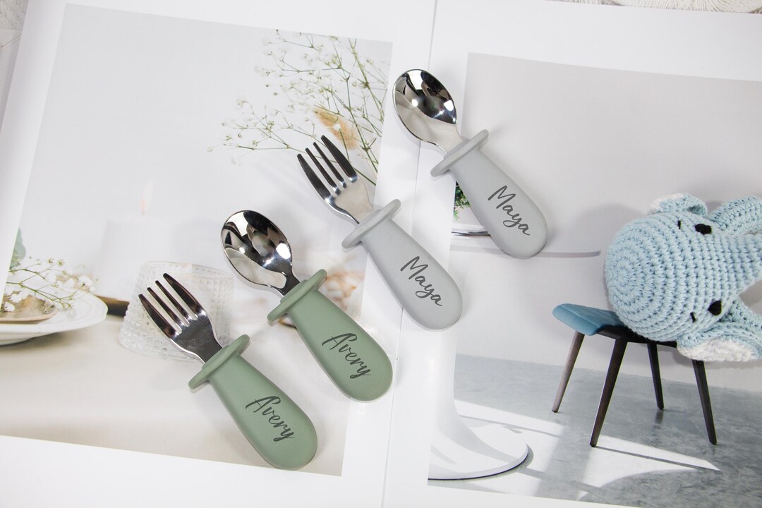 Custom Engraved Baby Spoon & Fork Set Wooden Silicone Weaning Cutlery ...