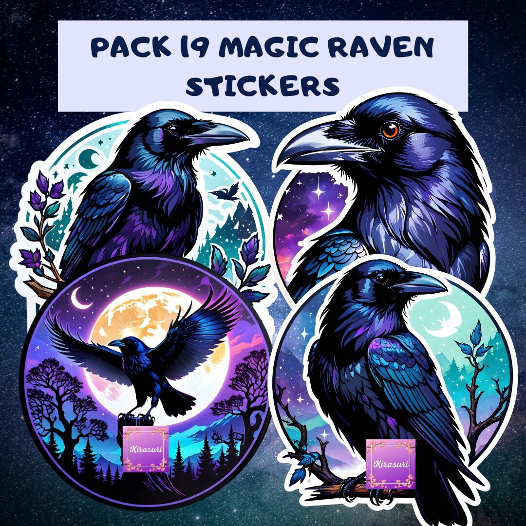 Digital Bundle of 19 Magical Crows , Magical Stickers, Digital Designs ...