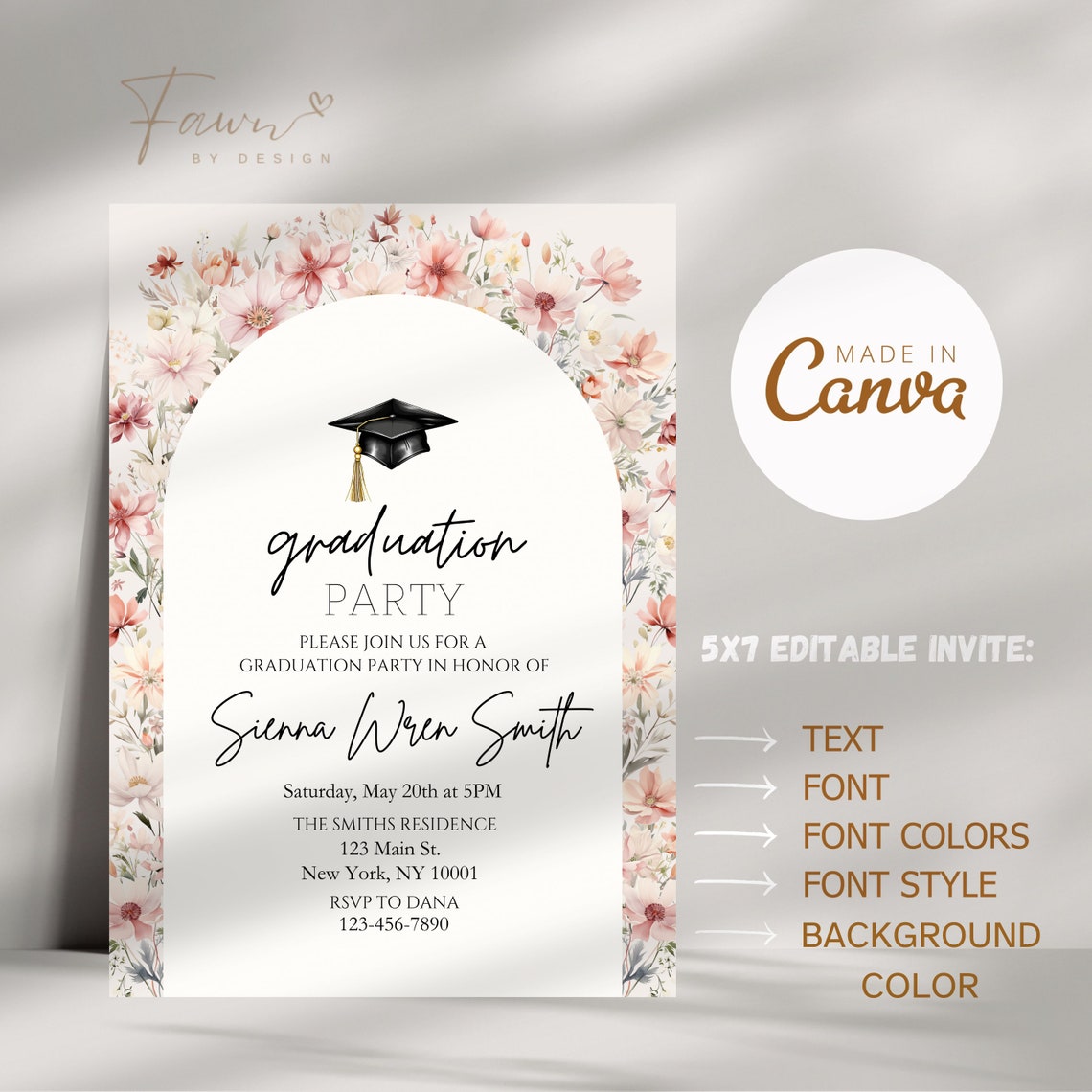 Editable Pink Floral Graduation Invitation, Floral Graduation ...