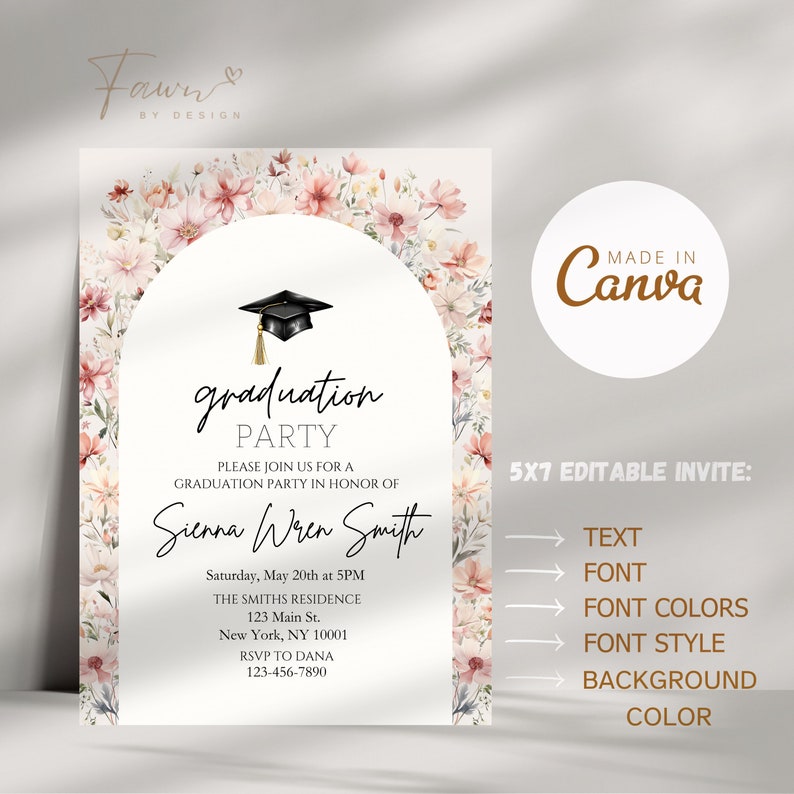 Editable Pink Floral Graduation Invitation, Floral Graduation ...