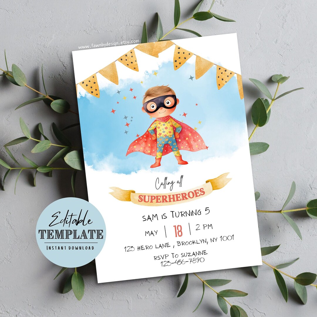 Editable Modern Superhero Boys Birthday Invitation Template ...