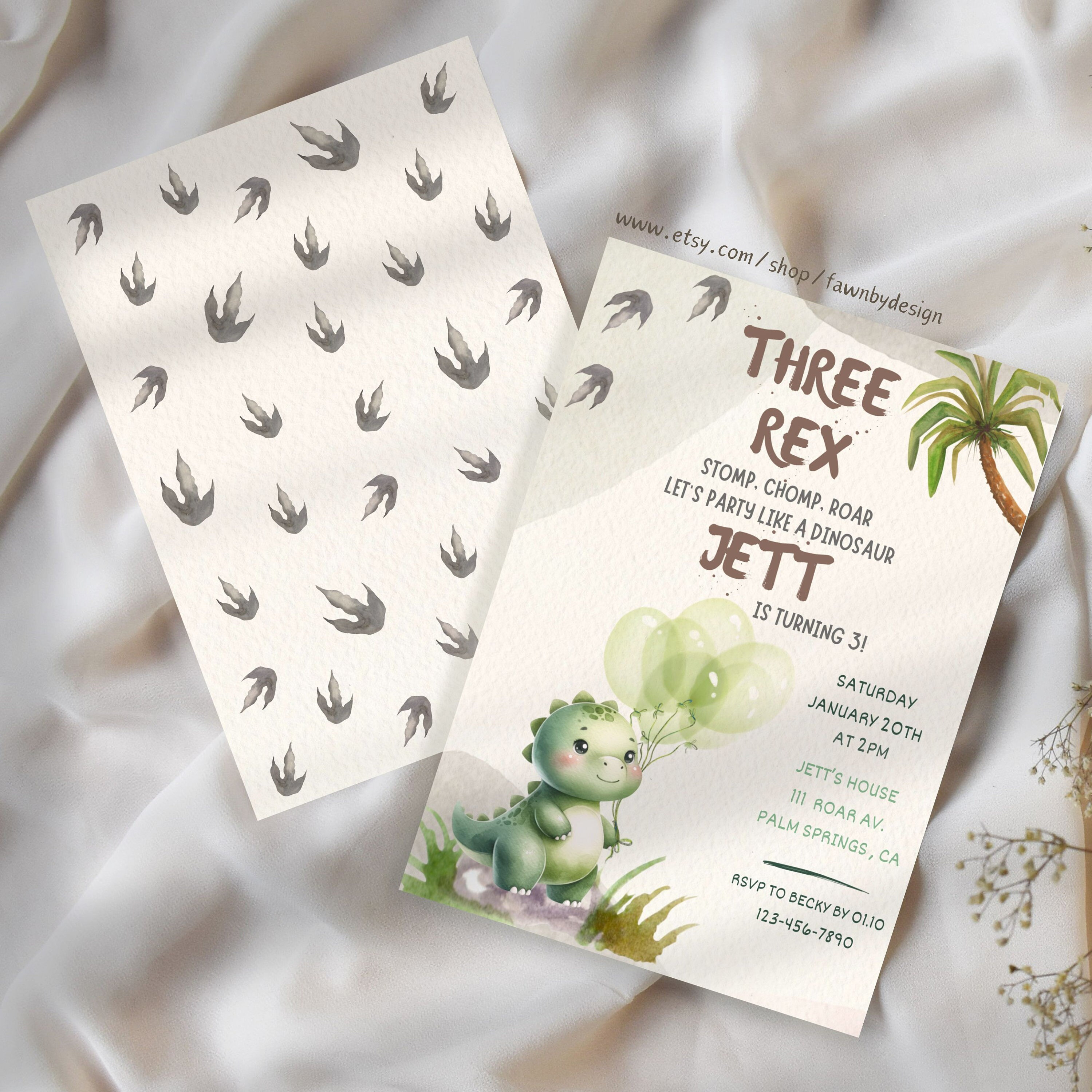 Editable Three Rex Neutral Invitation, Dinosaur Boy Invitation, Three ...