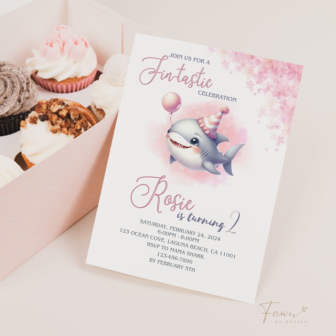 Editable Pastel Shark Girl Invitation, Neutral Floral Shark Invite ...