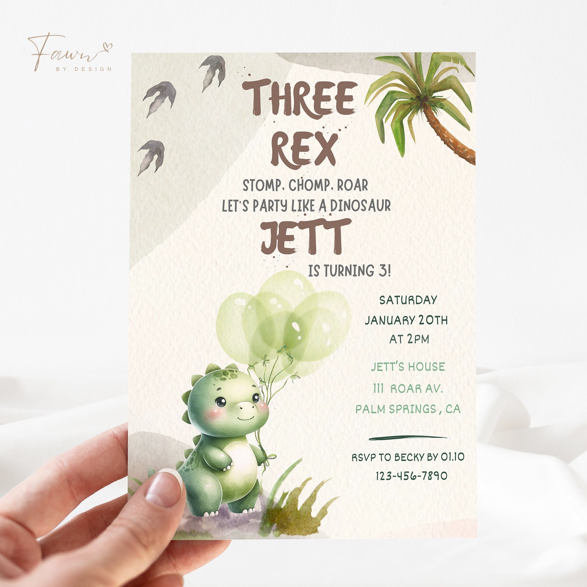 Editable Three Rex Neutral Invitation, Dinosaur Boy Invitation, Three ...