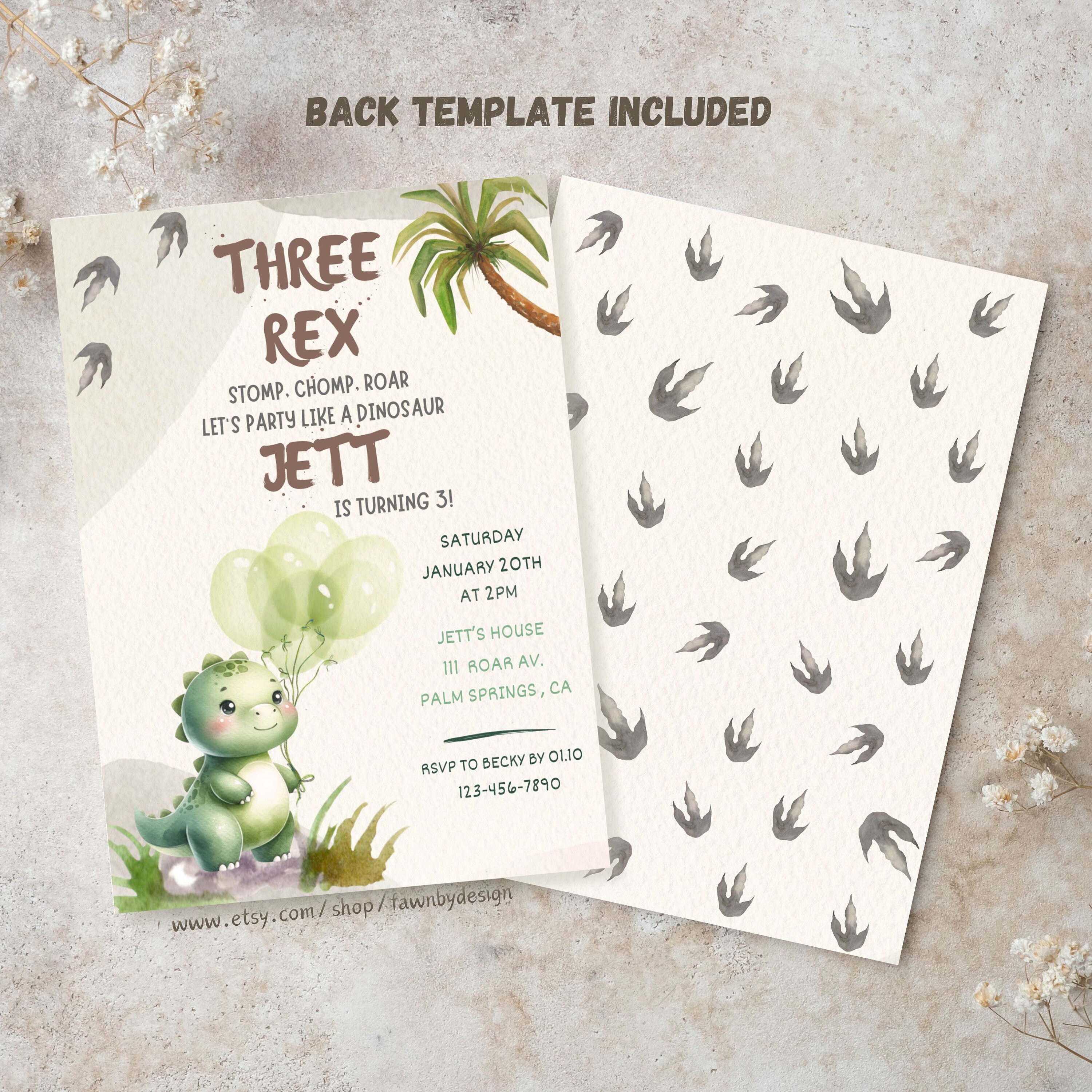 Editable Three Rex Neutral Invitation, Dinosaur Boy Invitation, Three ...