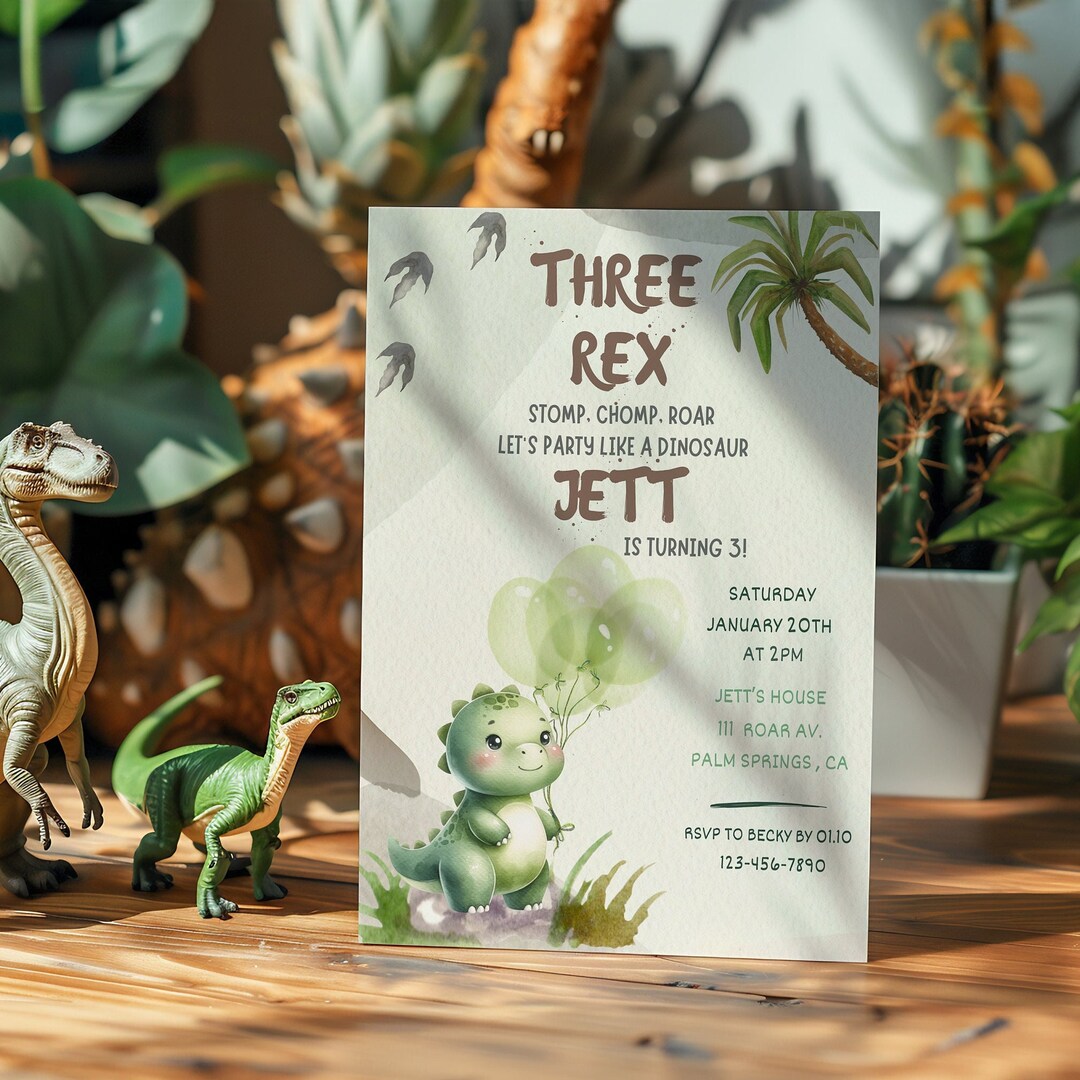 Editable Three Rex Neutral Invitation, Dinosaur Boy Invitation, Three ...
