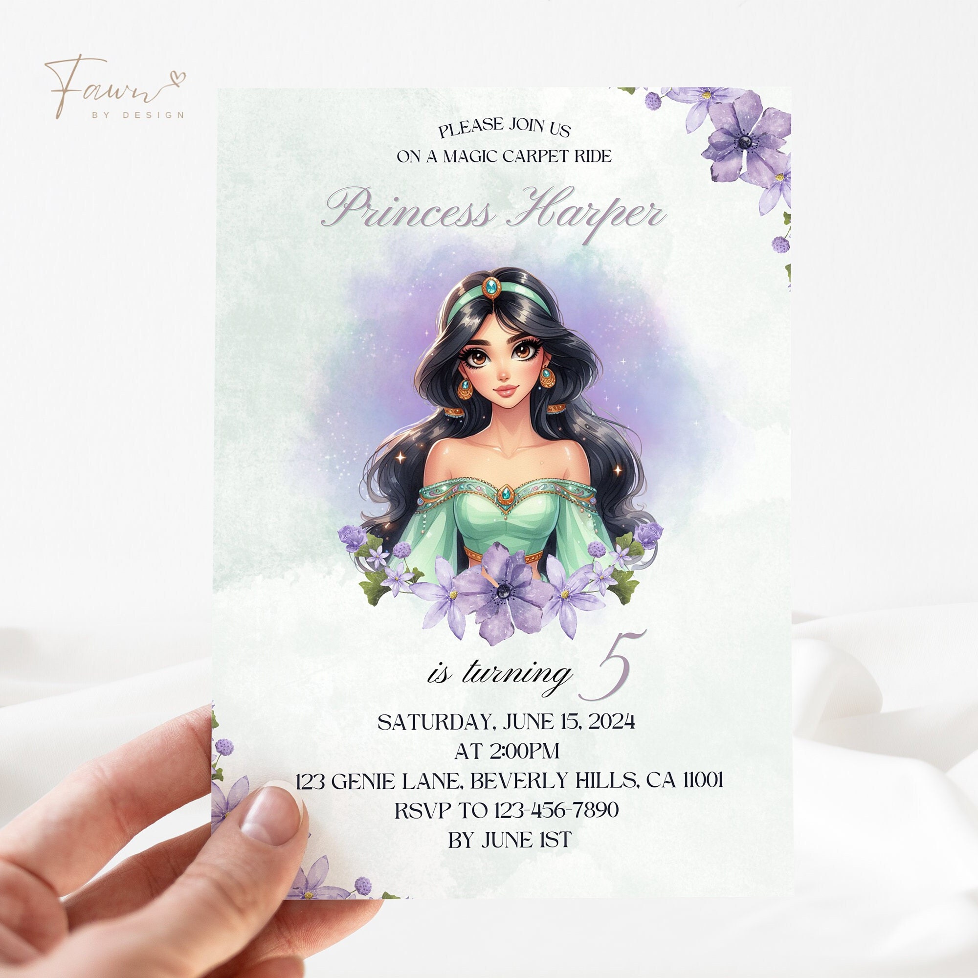Editable Princess Jasmine Invitation, Princess Watercolor Birthday ...