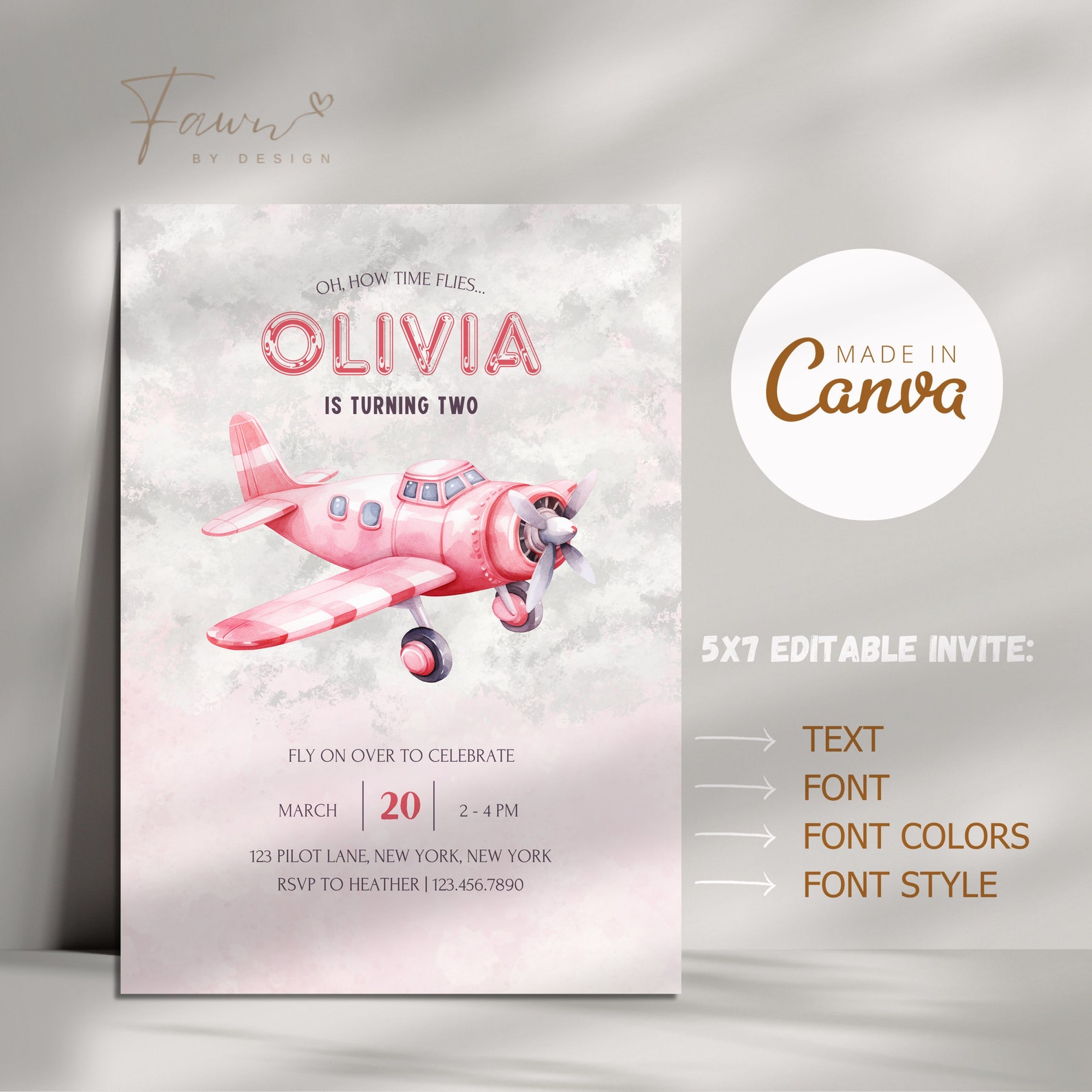 Editable Pink Airplane Birthday Invitation Girl, Plane Birthday ...