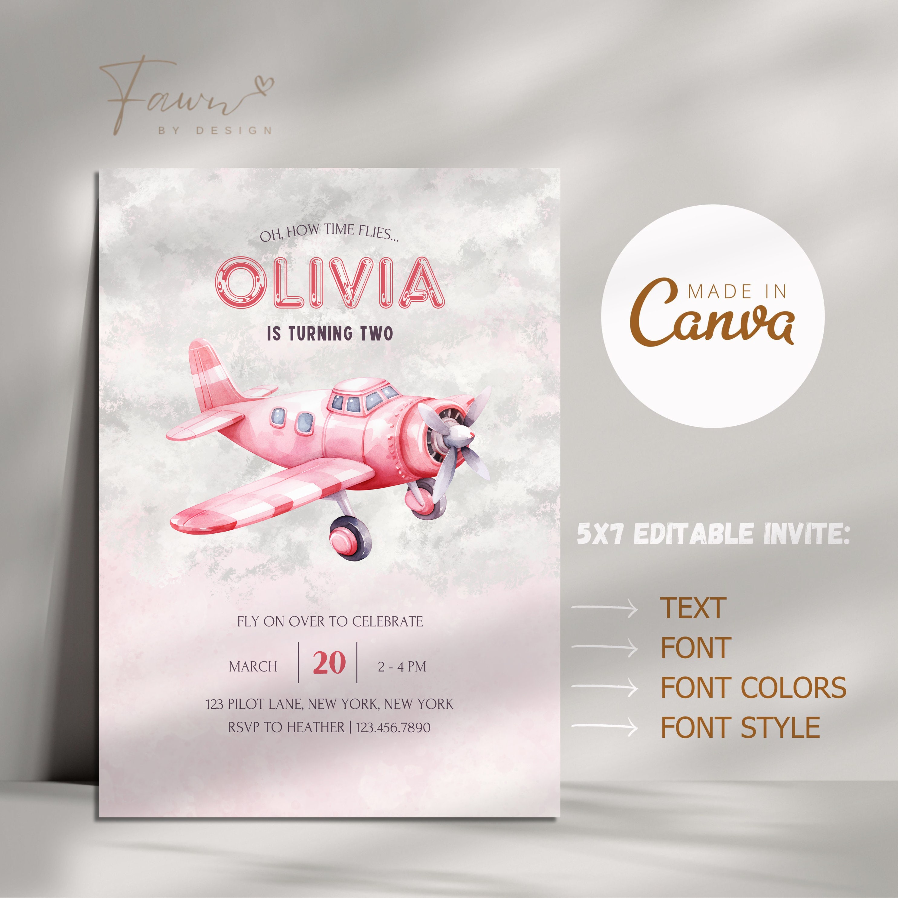 Editable Pink Airplane Birthday Invitation Girl, Plane Birthday ...