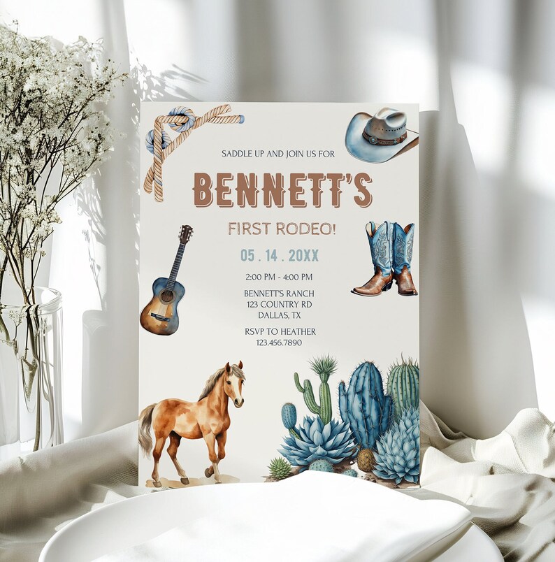 Editable First Rodeo Birthday Invitation Template, Cowboy Birthday ...