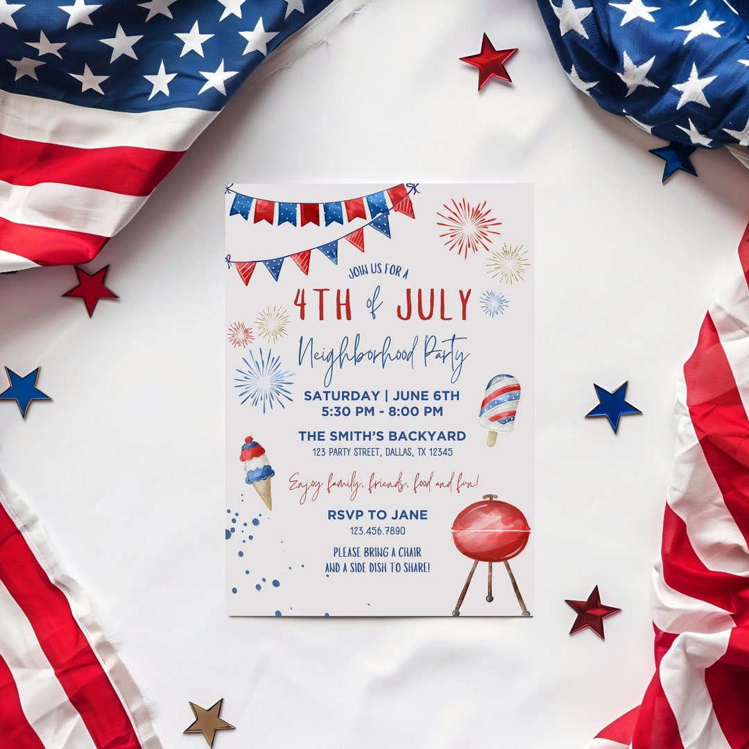 Editable 4th of July BBQ Invitation Independence Day Neighborhood Party ...