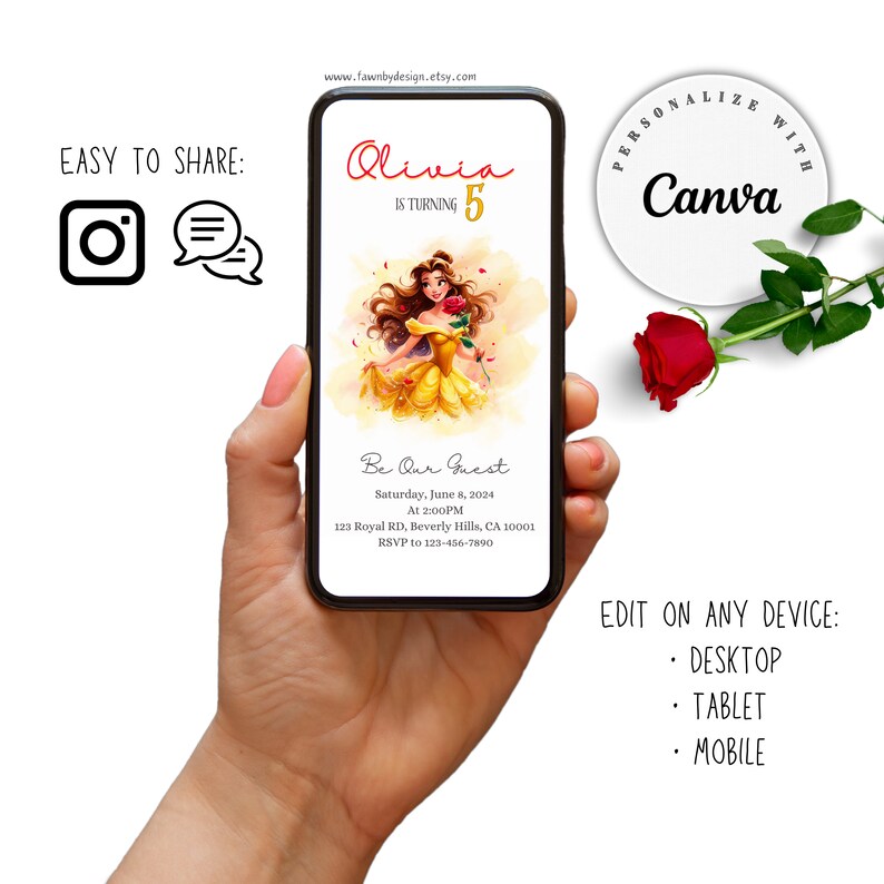 Editable Belle Birthday Invitation, Beauty and the Beast Invitation ...